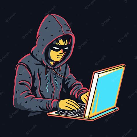 Premium Vector A Hacker In A Hoodie Is Working On A Laptop