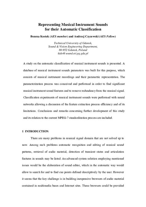 Pdf Representing Musical Instrument Sounds For Their Automatic Classification