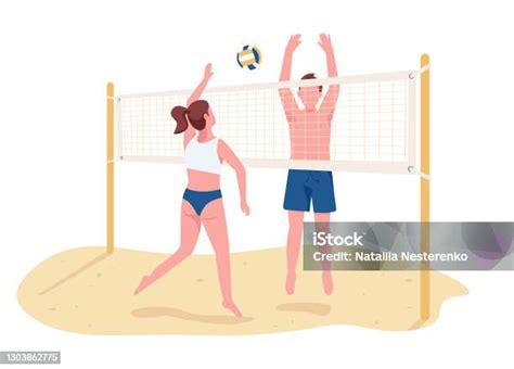 남자와 여자 재생 비치 발리볼 플랫 컬러 벡터 얼굴없는 문자 활성 여름 엔터테인먼트 웹 그래픽 디자인 및 애니메이션을위한 스포츠