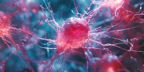 Microscopic View Of Glowing Interconnected Neurons Transmitting Signals In The Brain Stock