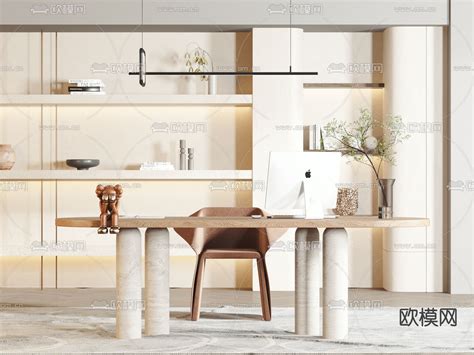 现代奶油风椭圆形实木书桌3d模型下载 Id12047412 3dmax免费模型 欧模网