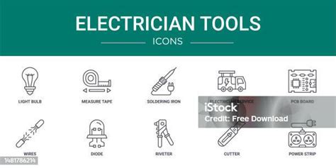 전구 측정 테이프 납땜 인두 전기 기사 서비스 Pcb 보드 전선 보고서 프리젠 테이션 다이어그램 웹에 대 한 다이오드 벡터 아이콘과 같은 10 개요 웹 전기 도구 아이콘