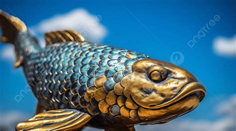 파란색과 금색 금속이 있는 물고기 조각상 푸른 하늘과 황금 비늘 고화질 사진 사진 구름 배경 일러스트 및 사진 무료 다운로드 Pngtree