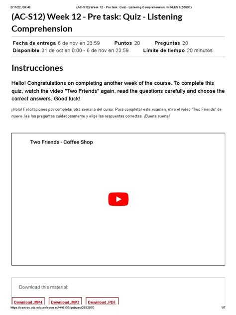 Ac S12 Week 12 Pre Task Quiz Listening Comprehension Ingles I 55801 Pdf