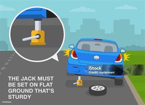 안전 운전 요령 및 규칙 시골길에 부서진 파란 차 자동차 잭을 사용하여 펑크난 타이어 교체 잭은 튼튼하고 평평한 지면에 설치해야 합니다 바람 빠진 타이어에 대한 스톡 벡터
