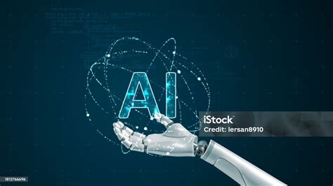 로봇 팔과 미래 추상 배경의 입자 링 원 궤도 회전이 있는 파란색 디지털 Ai 로고 Ai 인공 지능 기술 및 기계 학습 개념