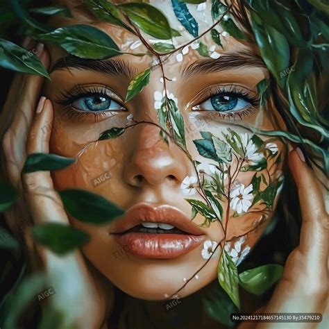 Ai创作图面部美容美容壁画 写实人物插画 写实唯美插画 植物美女手绘装饰画 质感合成风 Cg绘画作品 数字油画插画设计 写实人物绘画 高级感女插画 美女创意插画 唯美人物油画 新颖新锐创意艺术