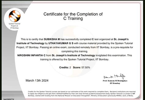 Completed C Through Spoken Tutorial Subiksha Mohan Posted On The