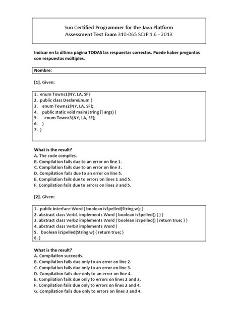Sun Certified Programmer For The Java Platform Assessment Test Exam 310