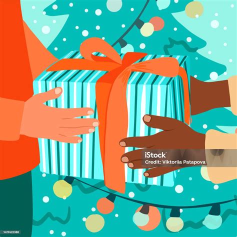 크리스마스와 새해 복 많이 받으세요 템플릿 세련된 복고풍 스타일 한 남자가 친구에게 선물을 준다 주기에 대한 스톡 벡터 아트 및 기타 이미지 Istock