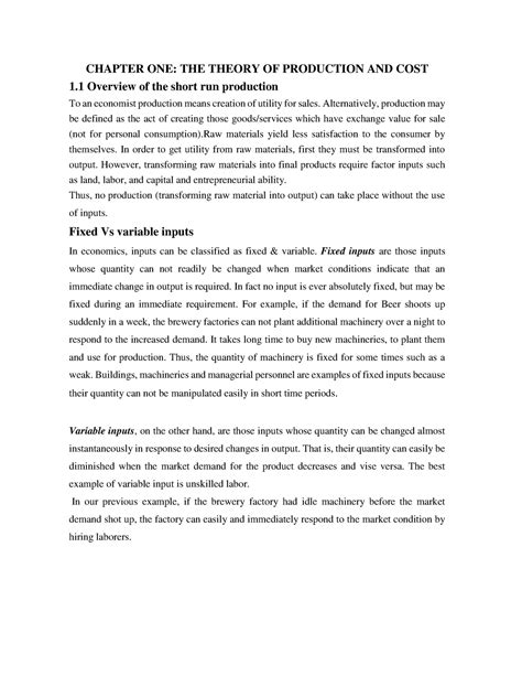 Microeconomics Chapter 1 CHAPTER ONE THE THEORY OF PRODUCTION AND COST 1 Overview Of The