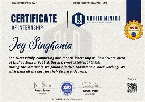 Datascience Internshipcertificate Unifiedmentor Joy Singhania