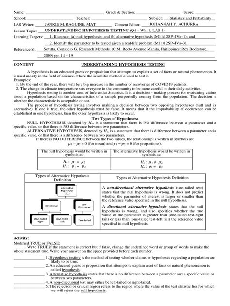 Stat Q4 Wk1 Las1 Pdf Hypothesis Statistical Hypothesis Testing