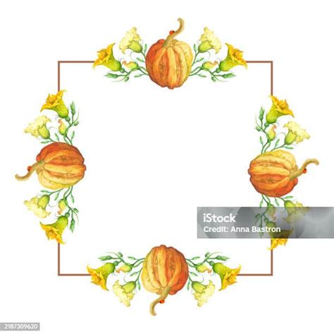 오렌지 호박과 호박 꽃의 프레임은 수채화로 그려져 있습니다 11월에 대한 스톡 벡터 아트 및 기타 이미지 11월 9월