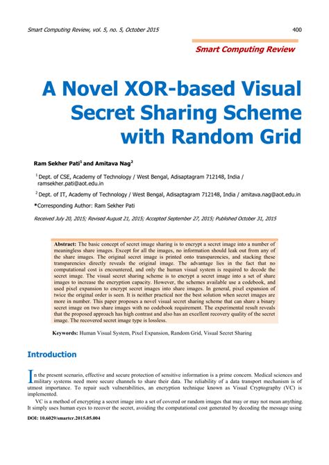 Pdf Smart Computing Review A Novel Xor Based Visual Secret Sharing Scheme With Random Grid
