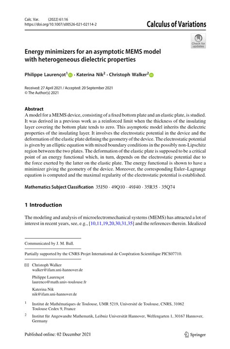 Pdf Energy Minimizers For An Asymptotic Mems Model With Heterogeneous