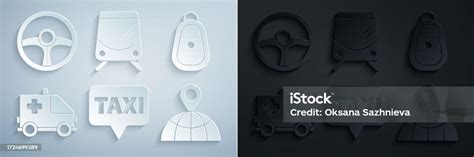 택시 자동차 키 리모컨 구급차 및 긴급 자동차 지구상의 위치 트램 철도 및 스티어링 휠 아이콘으로 지도 포인터를 설정합니다 벡터