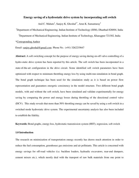 Pdf Energy Saving Of A Hydrostatic Drive System By Incorporating Soft