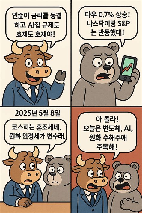 2025년 5월 8일 증시 만화 브리핑 연준 금리동결·ai 칩 호재에 다우 07 ↑코스피 혼조 오늘은 반도체·ai·원화수혜주 주목