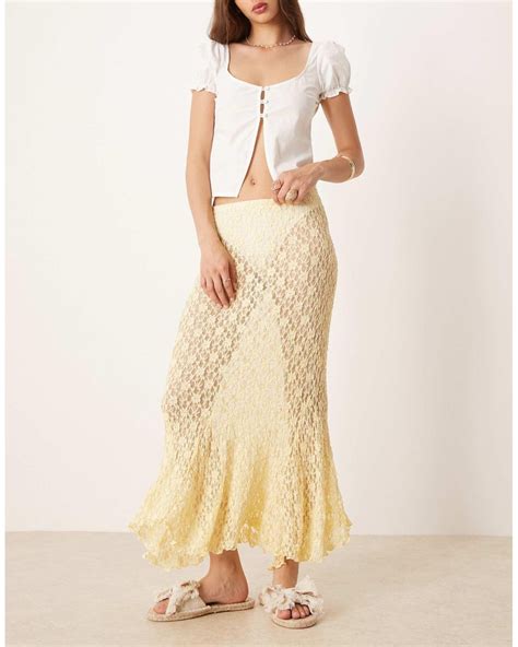 Asos Sheer Lace Midi Skirt With Godet Hem In Natural Lyst