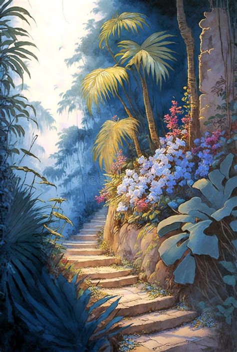 Jungle Landscape With Walking Path And Blooming Blue Flowers Digital