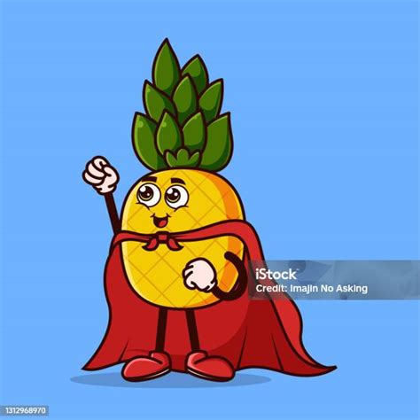 슈퍼 영웅 의상 귀여운 파인애플 캐릭터와 비행을하려고합니다 과일 문자 아이콘 개념 격리 이모티콘 스티커 플랫 만화 스타일 벡터 0명에 대한 스톡 벡터 아트 및 기타 이미지
