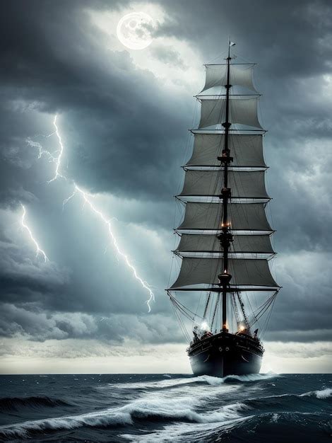 Premium Ai Image A Ship Sailing In The Ocean With A Lightning Strike In The Background