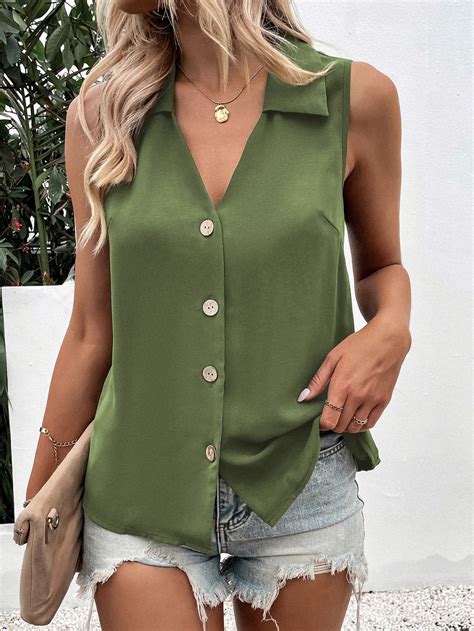 Plicated Detail Sleeveless Button Front Shirt Loose Outfit Chiffon