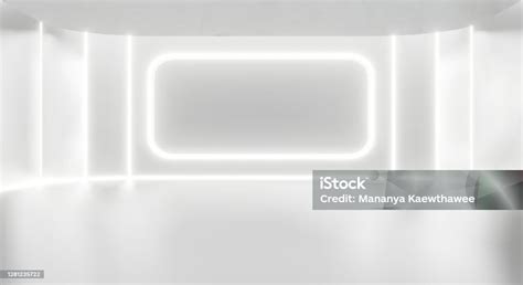 빈 스튜디오 룸에서 추상적인 흰색 배경 기하학적 모형 빈 스테이지 배너 디자인의 3d 렌더링 미래지향적인 인테리어 건축 현대 디자인 네온 빛과 새로운 공간의 관점 3차원