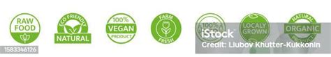 천연 제품 아이콘 세트입니다 Gmo는 무료입니다 유기농 식품 비건 바이오 농장 신선한 배지 현지에서 재배 건강한 제품 라벨