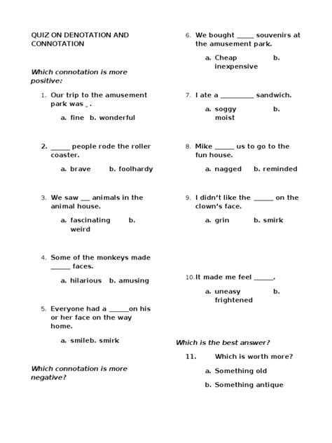 Denotation And Connotation Worksheet