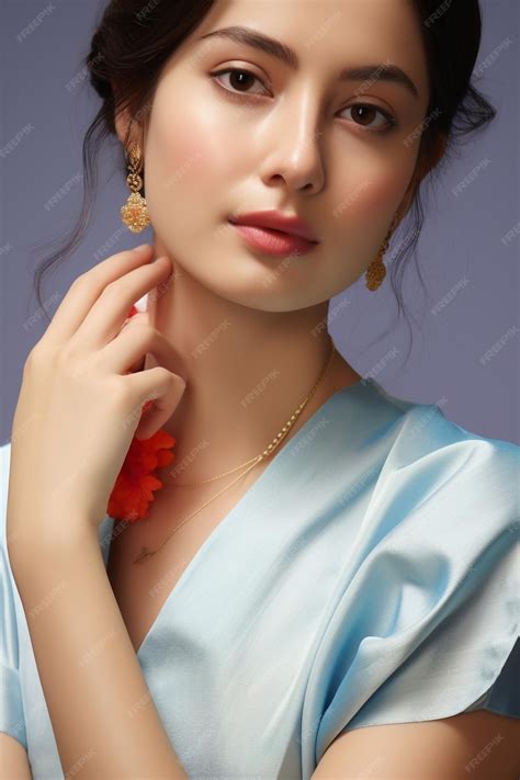 Premium Photo Deep Neck Dress Hand On Neck Pose