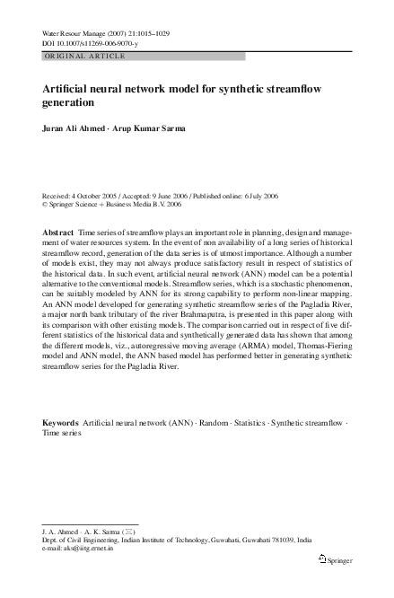 Pdf Artificial Neural Network Model For Synthetic Streamflow Generation