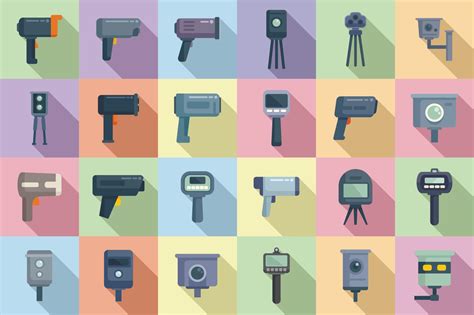 Speed Radar Icons Set Flat Vector Alert Camera 12980311 Vector Art At