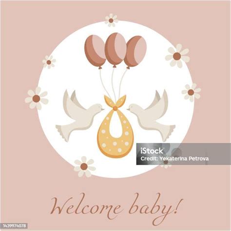 인사말 카드 환영 아기 베이비 샤워 초대 배너 귀여운 생일 파티 배경 환영 템플릿입니다 갓 태어난 아이와 함께 행복한 인사 포스터 만화 평면 그림입니다 0명에 대한 스톡