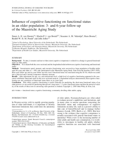 Pdf Influence Of Cognitive Functioning On Functional Status In An Older Population 3 And 6