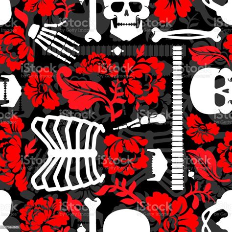 뼈와 꽃 패턴 완벽 한입니다 해골의 두개골과 장미 배경입니다 죽음과 사랑 텍스처 고딕 양식에 대한 스톡 벡터 아트 및 기타 이미지 고딕 양식 공포 무서움 꽃 식물
