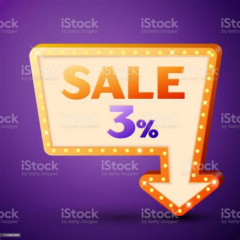 램프 및 화살표 비문 판매 3 할인과 보라색 바탕에 빛나는와 복고풍 광고 판 비즈니스 배너 홍보 포스터 밝은 간판 쇼핑 벡터 일러스트 레이 션 3에 대한 스톡 벡터 아트 및