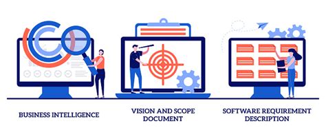 비즈니스 인텔리전스 비전 및 범위 문서 작은 사람들과 소프트웨어 요구 사항 설명 개념 회사 활동 통계 추상 벡터 일러스트레이션 세트 서류 최적화 은유 개념에 대한 스톡 벡터
