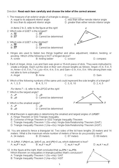 Applying Theorems And Proving Inequalities In A Triangle Direction Read Each Item Carefully