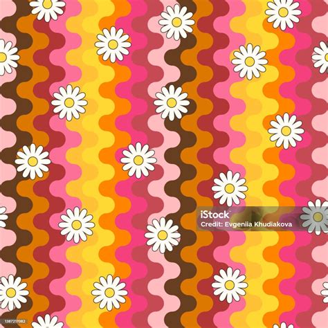 환각 히피 표면 패턴 디자인 추상적 원활한 벡터 패턴 카모마일 꽃과 물결 모양의 줄무늬 60 년대 70 년대 복고풍 스타일