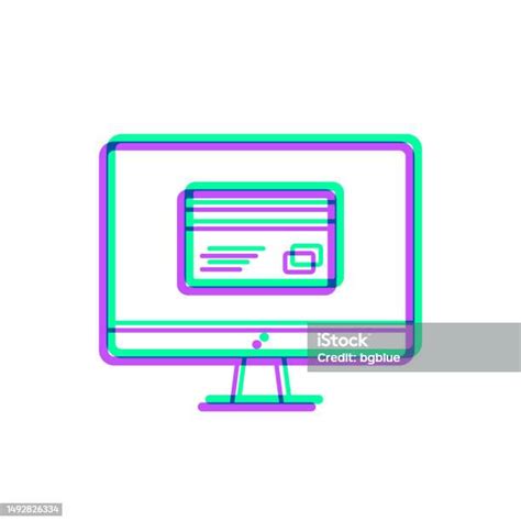 신용 카드가 있는 데스크톱 컴퓨터 흰색 배경에 두 가지 색상이 오버레이된 아이콘 개념에 대한 스톡 벡터 아트 및 기타 이미지