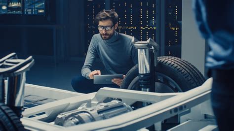 하이브리드 전기 자동차 섀시 플랫폼 프로토 타입 옆에 앉아 자동차 디자인 엔지니어 디자인 향상을위한 태블릿 컴퓨터를 사용하여