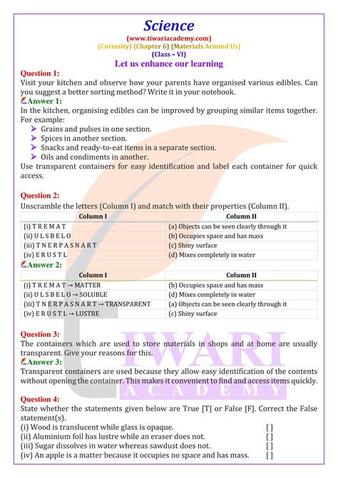 Ncert Solutions Class 6 Science Curiosity Chapter 6 Question Answers