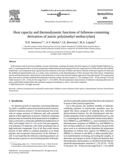 Pdf Heat Capacity And Thermodynamic Functions Of Fullerene Containing
