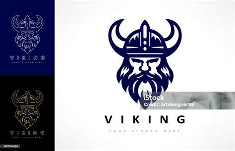 바이킹 디자인 북유럽 전사 그림입니다 뿔이있는 노르웨이 사람의 상징 뿔 헬멧과 턱수염을 가진 야만인 남자 머리 스칸디나비아 선원의 상징 바이킹에 대한 스톡 벡터 아트 및