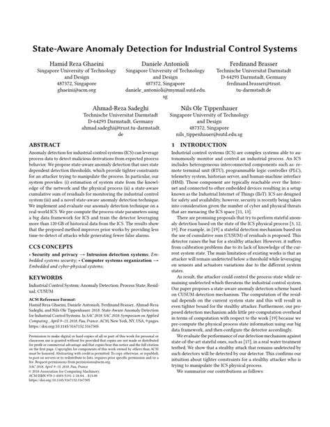Pdf State Aware Anomaly Detection For Industrial Control Systems