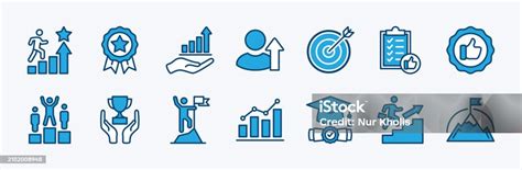 성공 아이콘 집합입니다 성공적인 경영 사업 개발 목표 목표 계획 우승자 업적 트로피 배지 메달 대회 졸업 모자 산 정상 깃발 성장 그래프를 포함합니다 벡터 일러스트 레이 션