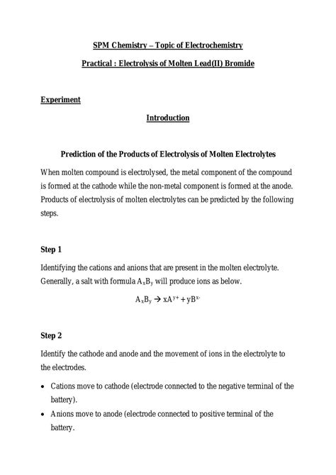 Electrolysis Of Molten Lead Ii Bromide Chemistry Form 5 Spm