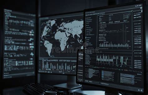 computer screens showing world map and data analysis charts in a dark room stock image image